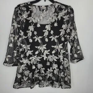 Alex Evenings | Tops | Alex Evenings Womens Med Black Gold Sequin Lace ...